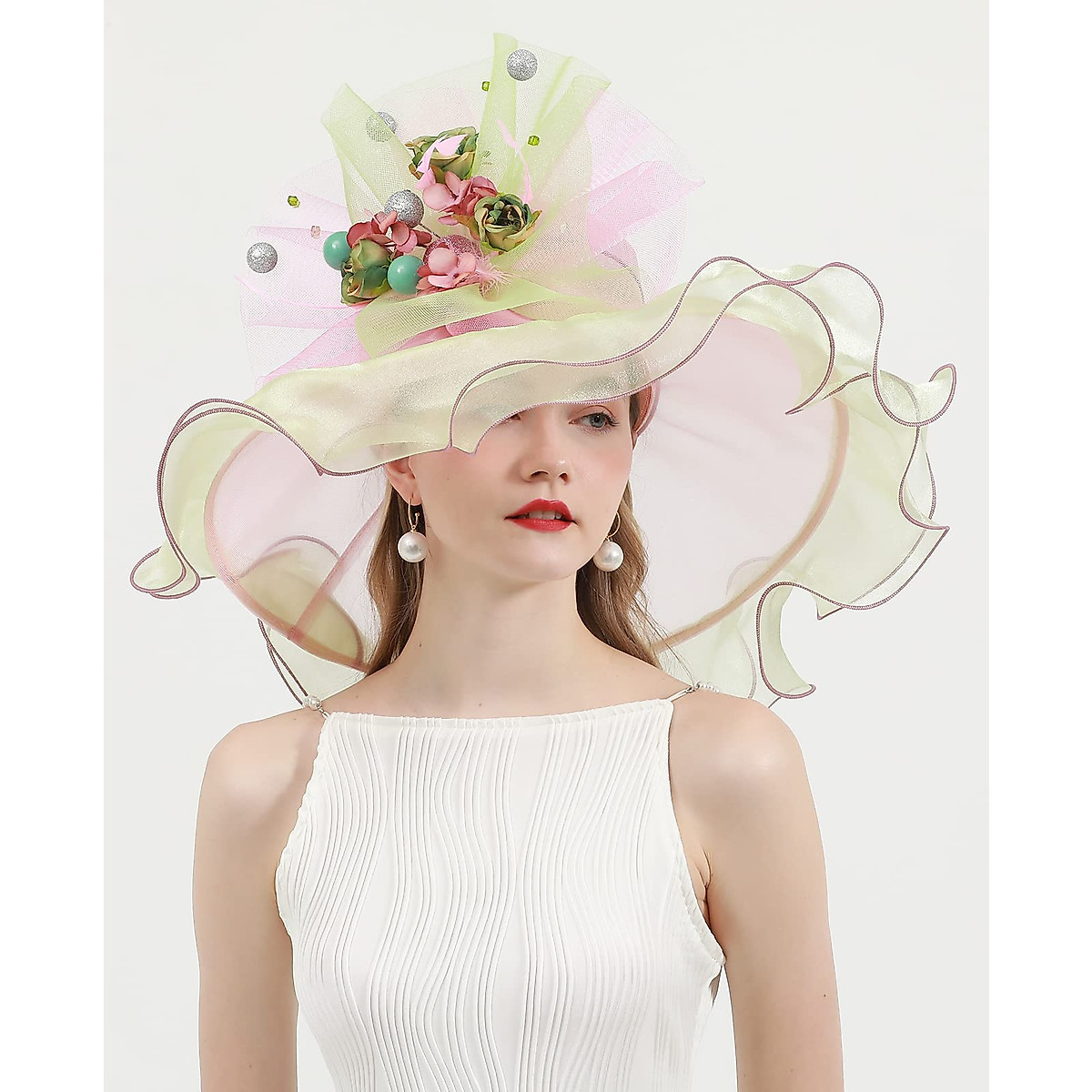 RZTA Women's Kentucky Derby Church Dress Hat Wide Brim Leaf Flower Bridal Shower Hat E3-Beige,Pink