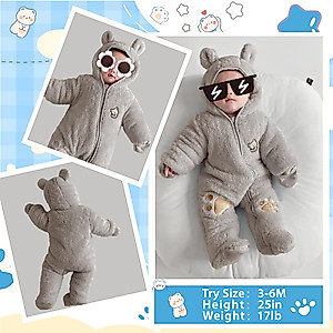 Fairy Baby Newborn Baby Winter Snowsuit Bear One-Piece Hooded Romper Footie Fleece Jumpsuit Infant Girl Boy Grey 3-6M