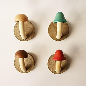 Auntzyj Fun Wooden Mushroom Coat Hook, Non-Perforated Solid Wood Hook,Mushroom Wall Hook Hanger, Kitchen Bathroom Cloakroom Door Towel Hooks (Pack of 4)