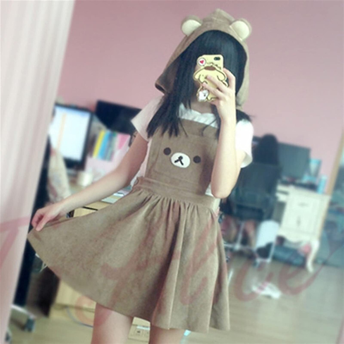 Mfacl Cute Lolita Dress Skirt Summer Dresses Japanese Kawaii Lolita Overall Dress Cute Bear Embroidery Hat Ball Gown Harajuku Lolita Dress Harajuku Cute Warm Dress (Color : Brown, Size : Medium)