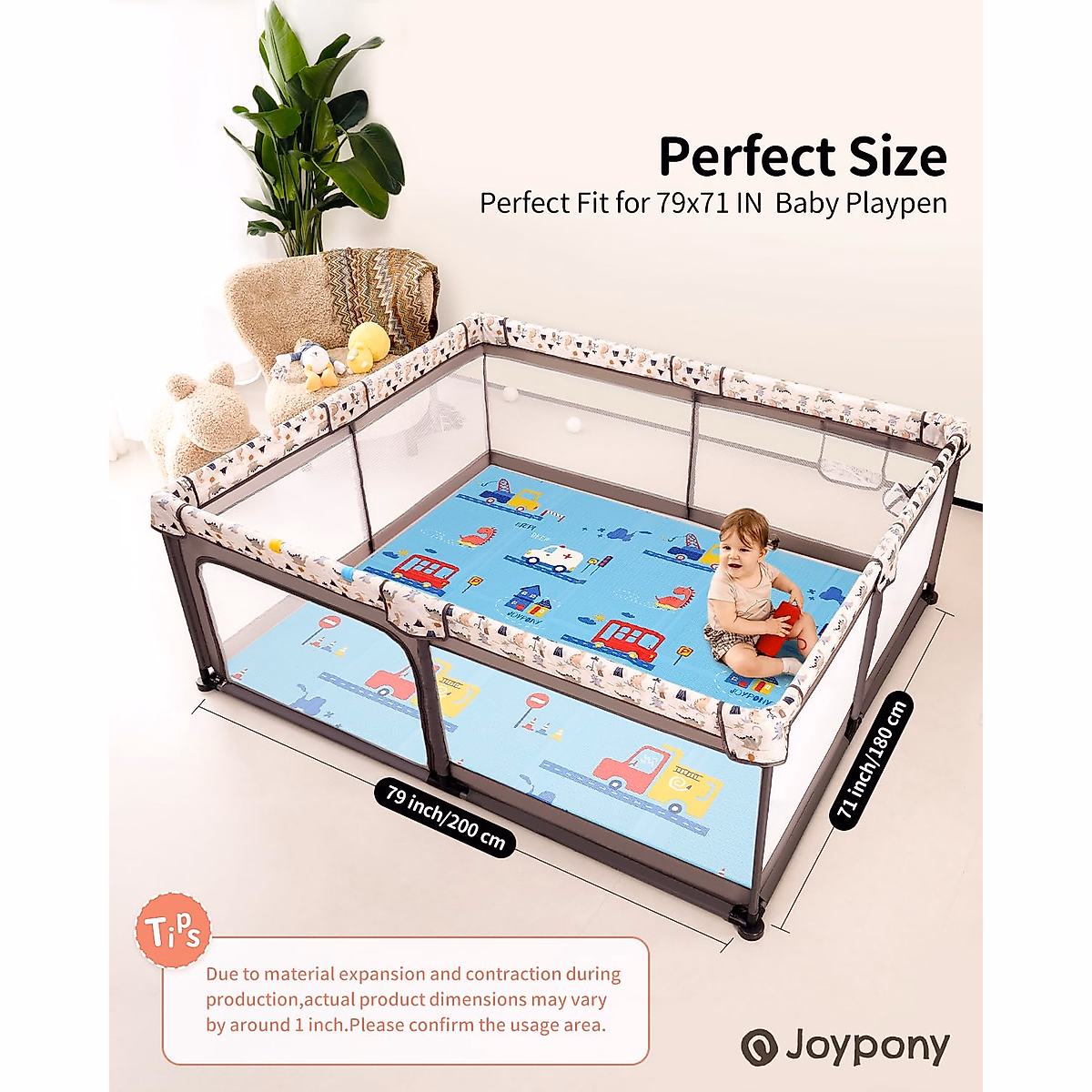Joypony Baby Play Mat 79" X 71", Extra Large Foldable Play Mats for Babies and Toddlers, Waterproof & Anti-Slip Portable Baby Floor Mat for Tummy Time, Foam Baby Mat for Floor with Travel Bag