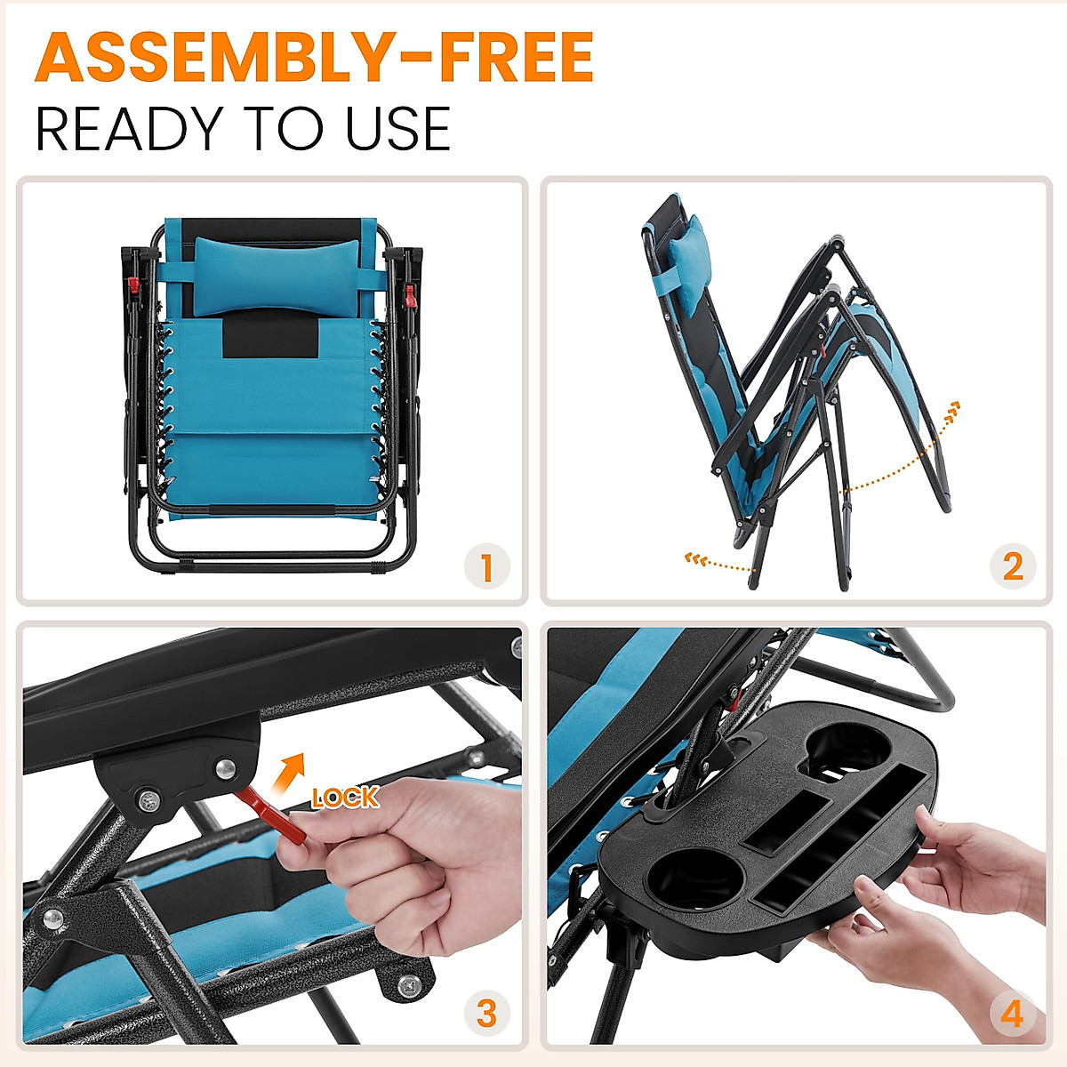 Yaheetech 29in Full Padded Zero Gravity Chair Oversized Outdoor Patio Folding Lounger Adjustable Portable Anti Gravity Recliner w/Carry Strap, Side Cup Tray, Pillow for Beach Yard Lawn Black/Aqua/2