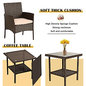 PIKAQTOP 3 Piece Small Patio Furniture Set, PE Rattan Wicker Space Saving Conversation Set with Cushions & Glass Coffee Table, Outdoor Furniture Sets for Deck Front Porch Lawn Garden Balcony Backyard