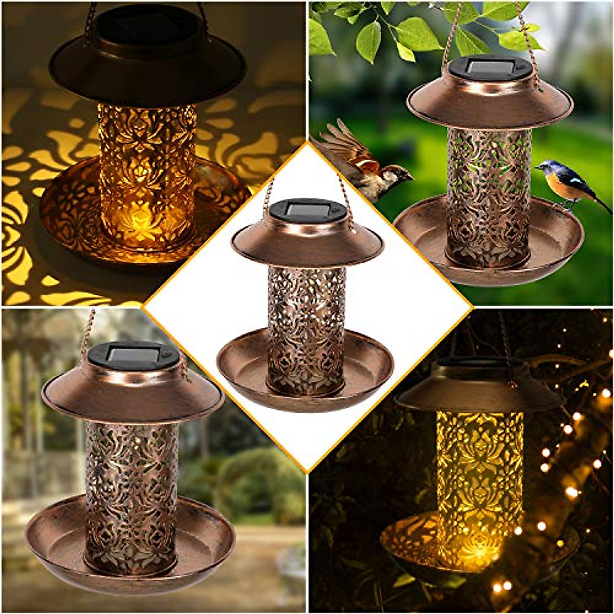 OLIKER Solar Bird Feeder Decorative Metal Panels Hanging Bird House with Light for Feeding Wild Bird Feeder Outdoors Hanging Gift for Bird Lovers Outdoor Garden Backyard Decoration