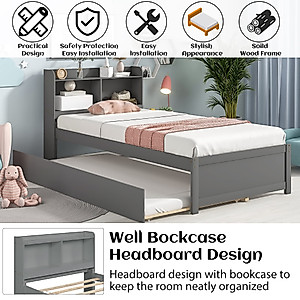 Olela Twin Bed with Trundle Bookshelf, Platform Twin Bed with Trundle with Bookcase Storage for Girls Boys, No Need Box Spring (Grey)