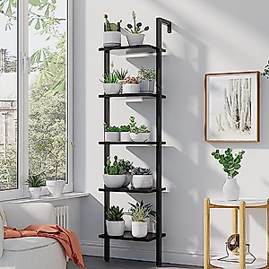 YMYNY 5 Tiers Narrow Ladder Bookcase, Industrial Wall Mounted Bookshelf, Open Display Rack with Metal Frame, Wooden Storage Shelves for Bedroom, Home Office, Living Room, Black, 70*17.3*11.8"UHBC015B