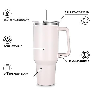 40 oz Tumbler with Handle and Straw, Insulated Stainless Steel Tumbler with 2 In 1 Lid, Double Vacuum Travel Mug Coffee Cup, Rose Quartz Pack 2