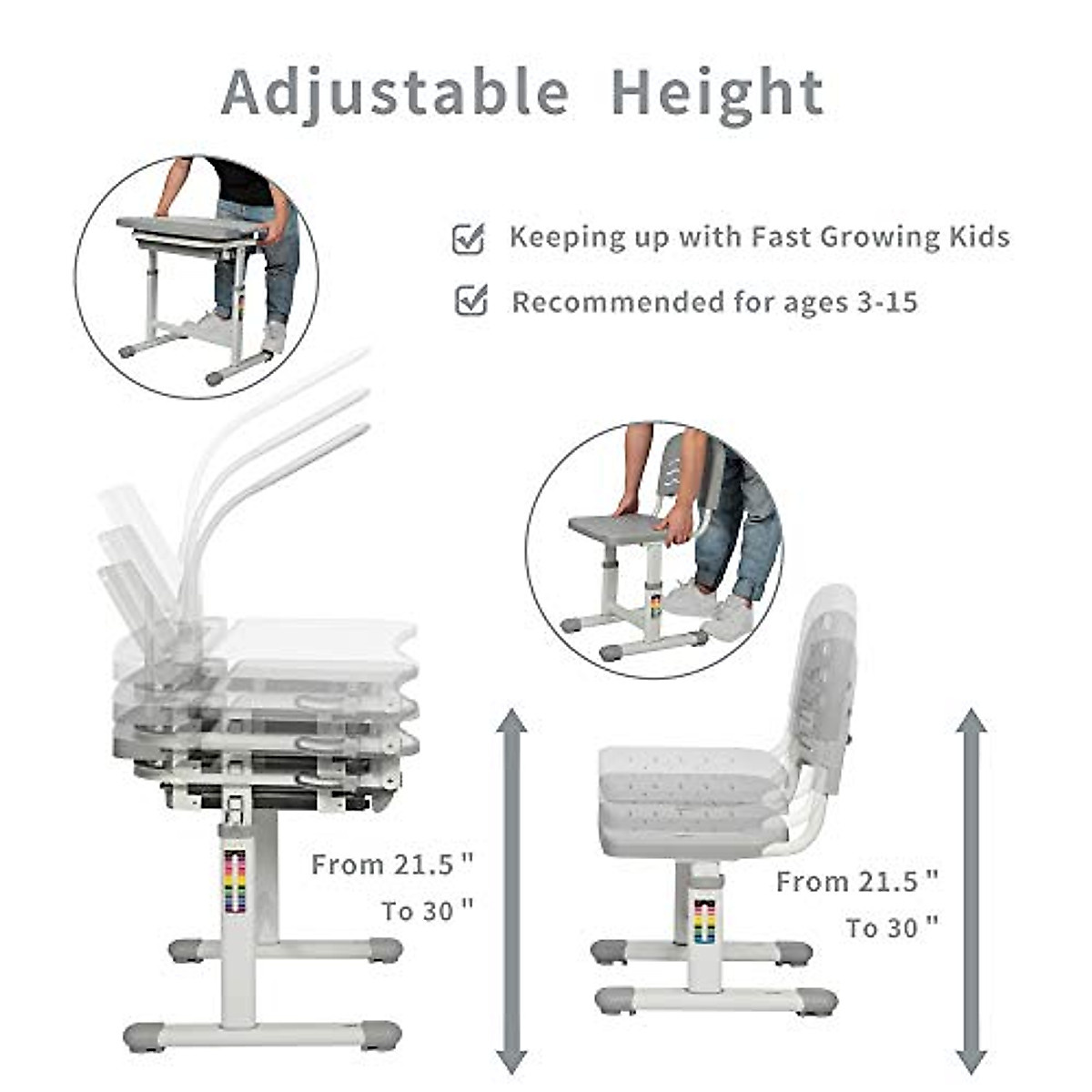 Gowxil Kids Study Desk and Chair Set, Multi Functional Height Adjustable Children School Study Desk with Tilt Desktop, Bookstand, LED Light, Metal Hook and Storage Drawer for Boys Girls, Grey
