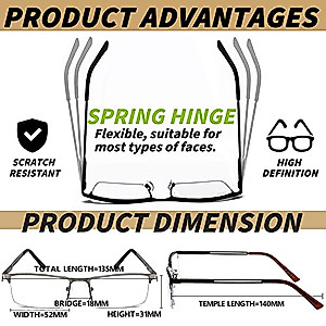 JJWELL 3 Pack Blue Light Reading Glasses for Men, Lightweight Metal Rectangle Semi Rimless Readers for Men, Anti Eyestrain/Computer Glare/UV, Half Frame Spring Hinge Eyeglasses with Pouches