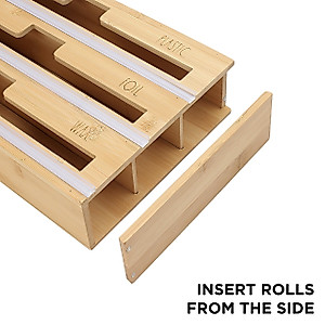 Rae Dunn 3 in 1 Wrap Organizer with Cutter, Plastic Wrap, Aluminum Foil and Wax Bamboo Dispenser for Kitchen Storage Organization Holder for 12" Roll