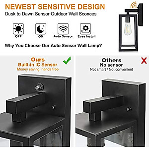 SHINE HAI Dusk to Dawn Sensor Outdoor Wall Sconce, Exterior Wall Lantern Fixture with E26 Base Socket, Wall Mount Lights Anti-Rust Waterproof Black Wall Lamp with Glass Shade for Garage, Doorway