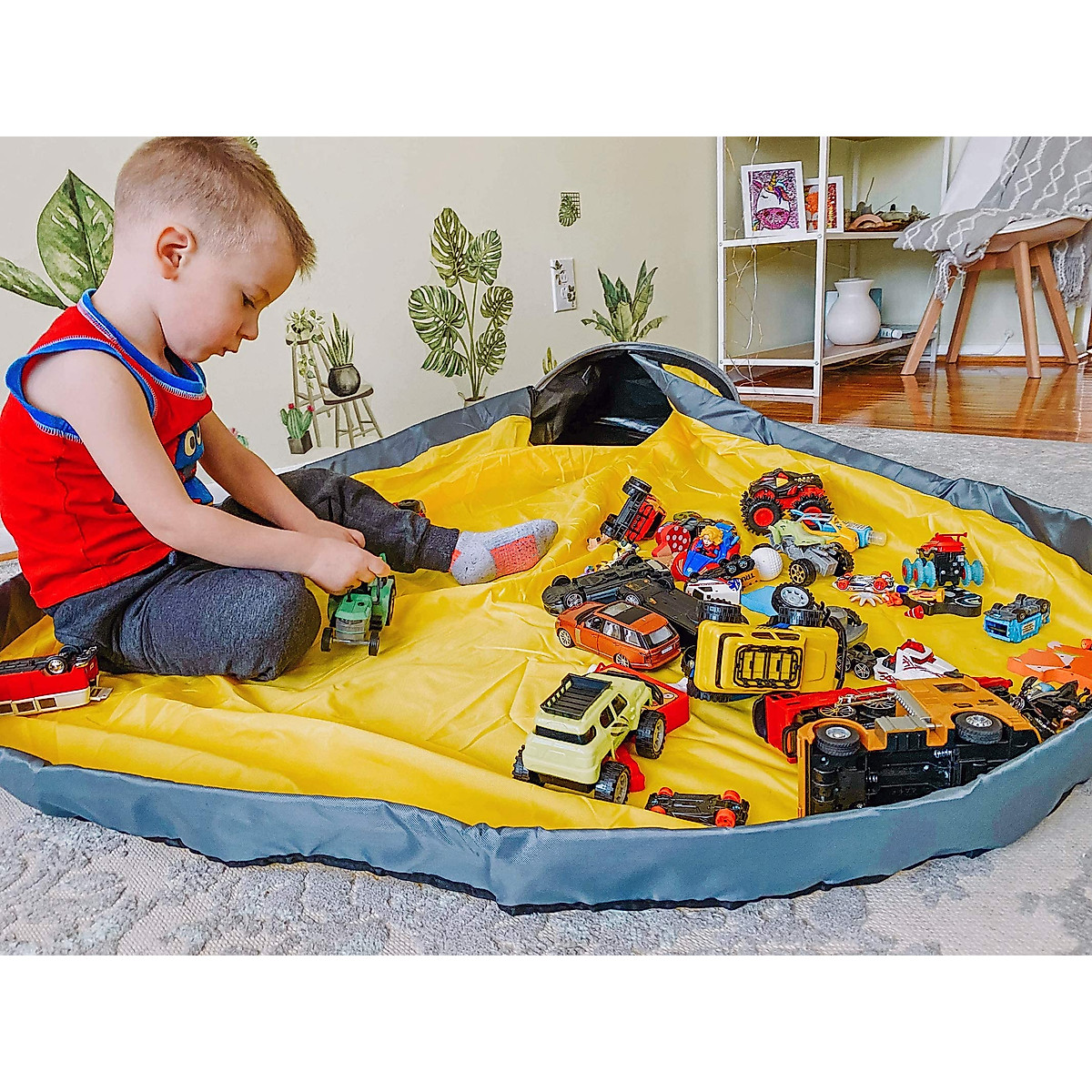 FOUR UNCLES 2-in-1 Toy Storage Basket and Play Mat - Collapsible Durable Floor Toy Activity Chest Organizer with lids -12'' Tall by 15'' Diameter with 52'' Play mat (large)