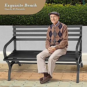 Athena Collection 50" Garden Bench Outdoor Patio Bench, Cast Iron Metal Frame Furniture Porch Bench with Backrest, Park Farmhouse Arch Legs Bench for Backyard Lawn Garden Entryway, Black