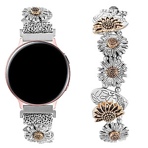 Stretchy Metal Bracelet Bands Compatible with Samsung Galaxy Watch Active 2 bands 40mm 44mm/Active 40mm/Galaxy Watch 3 41mm/42mm/Gear S2/Galaxy Watch 5 4 20mm Women Fancy Elastic Sunflower Strap (Medium, Silver Gold Flower)