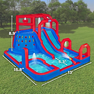 Sunny & Fun Mega Climb N’ Go Inflatable Water Slide Park – Heavy-Duty for Outdoor Fun - Climbing Wall, 2 Slides, Splash & Deep Pool – Easy to Set Up & Inflate with Included Air Pump & Carrying Case