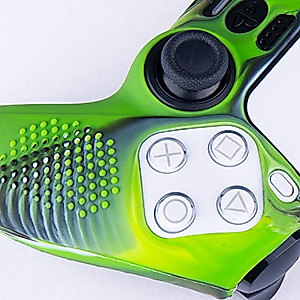 9CDeer 1 Piece of Silicone Studded Dots Protective Sleeve Case Cover Skin + 6 Thumb Grips Analog Caps for PS5 Controller, Camouflage Green