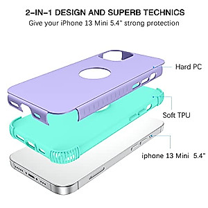 BENTOBEN iPhone 13 Mini Case, Phone Case iPhone 13 Mini, Heavy Duty 2 in 1 Full Body Rugged Shockproof Protection Hybrid Hard PC Bumper Drop Protective Girls Women Boy Men Covers, Purple/Mint