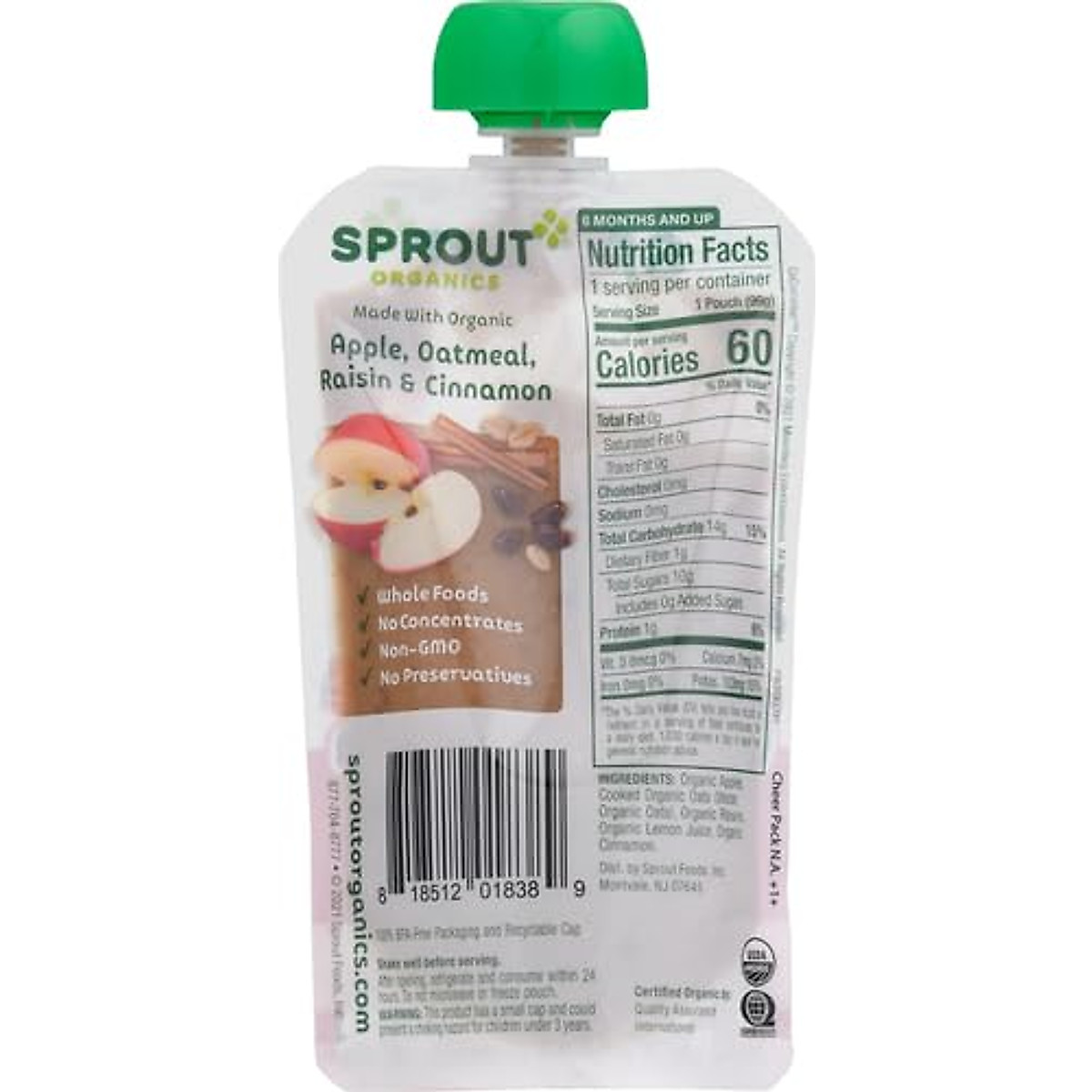 CoComelon Sprout Organic Baby Food Apple Oatmeal Raisin with Cinnamon, 3.5 Oz Pouch
