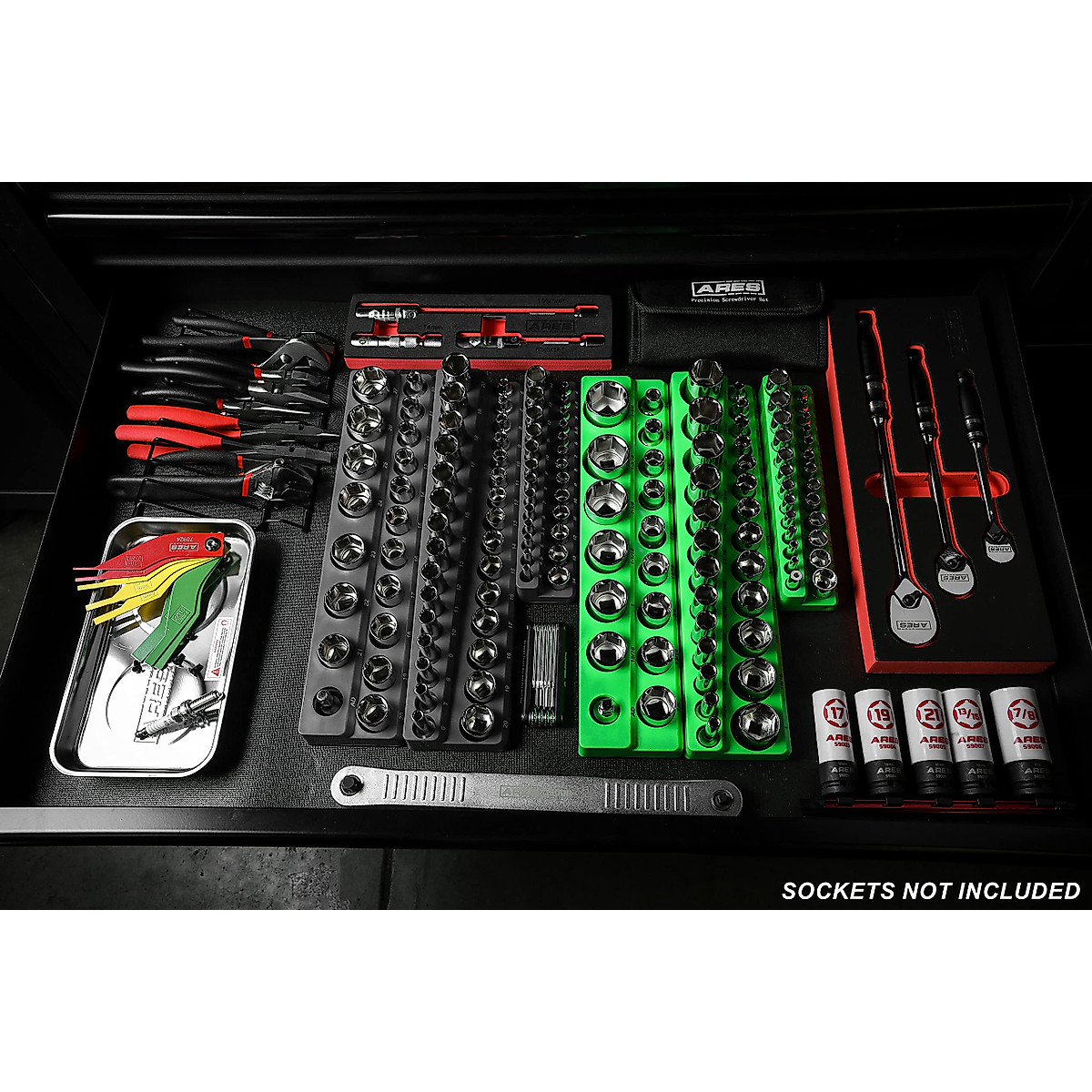 ARES 60160-6-Piece Magnetic Socket Organizers - Metric and SAE Set Black and Green -1/4 in, 3/8 in, 1/2 in Socket Holders -143 Pieces of Standard (Shallow) and Deep Sockets -Organize Your Tool Box