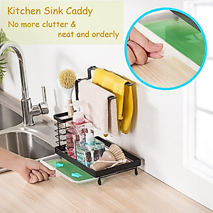 SVUASAN Sink Caddy Sponge Holder, Kitchen Countertop Rust Proof Sink Accessories Organizer with Handle Drip Drainer Pan Dishcloth Rack for Dish Brush, Soap Dispenser, Dishwashing Gloves ( Black )