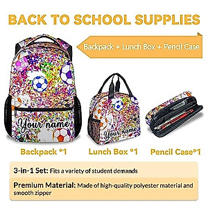 COOPASIA Personalized Soccer Backpack with Lunch Box And Pencil Case, 16 Inch Soccer Theme Bookbag with Adjustable Straps, Lightweight, Durable, Large Capacity, School Backpack for Girls Boys