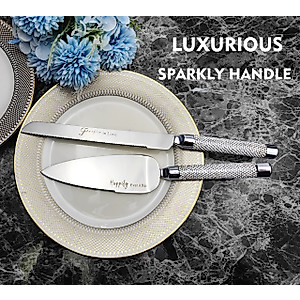 ROXBURGH Wedding Cake Knife and Server Set, Mr and Mrs Forks, Cake Cutting Set for Wedding, 420 Stainless Steel Silver Cake Cutter and Pie Server Slicer, Rhinestones Studded Handle Engagement