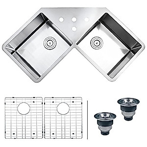 Ruvati RVH8400 Undermount Corner Kitchen Sink 16 Gauge 44" Double Bowl, Stainless Steel