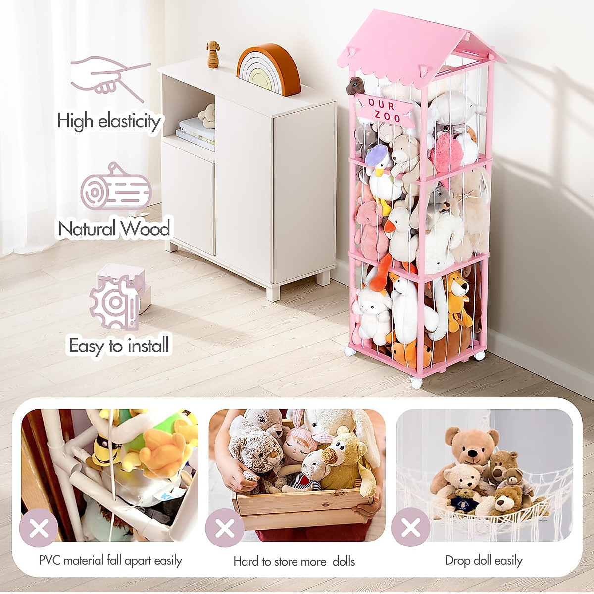 mloong Large Stuffed Animal Zoo Storage, 58" Tall Wooden Stuffed Animal Cage, Stuffed Animal Zoo Wood Soft Toy Organizer, Applicable Kids Nursery Play Room Bedroom (Pink)