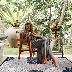 CAMILSON Indoor/Outdoor Rug Blue 5x7 Floral Exotic Tropical Area Rugs for Indoor and Outdoor patios, Easy-Cleaning Non-Shedding Living Room, Garden and Kitchen Washable Outside Carpet (5X 7)