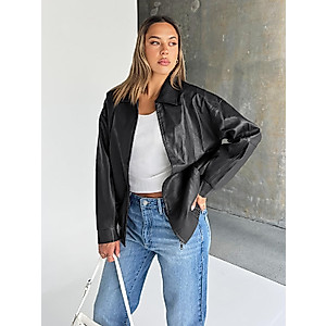 Trendy Queen Womens Leather Jackets Oversized Faux Motorcycle Plus Size Moto Biker Coat Fall Outfits Fashion Clothes 2025 Black M