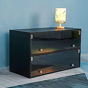 FUQIAOTEC Black Shoe Rack with 10 Colours LED Lights, Shoe Storage Cabinet for Up to 6 Pairs of Shoes, Wood Shoe Shelf with Sliding Glass Doors, Premium Shoe Box