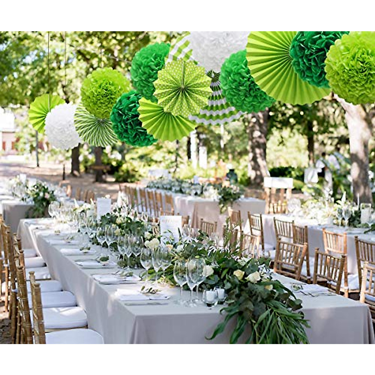 Green Hanging Paper Party Decorations, Round Paper Fans Set Paper Pom Poms Flowers for Birthday Wedding Graduation Baby Shower Events Accessories