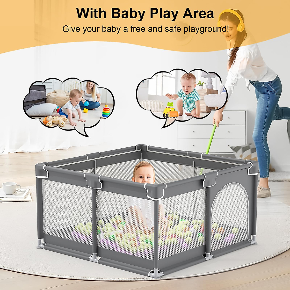 Baby Playpen, Playpen for Babies and Toddlers Thickened Sponges Ensure Safety, Indoor & Outdoor Baby Play Yards with Breathable Mesh Anti-Fall Playpen & Anti-Slip Base