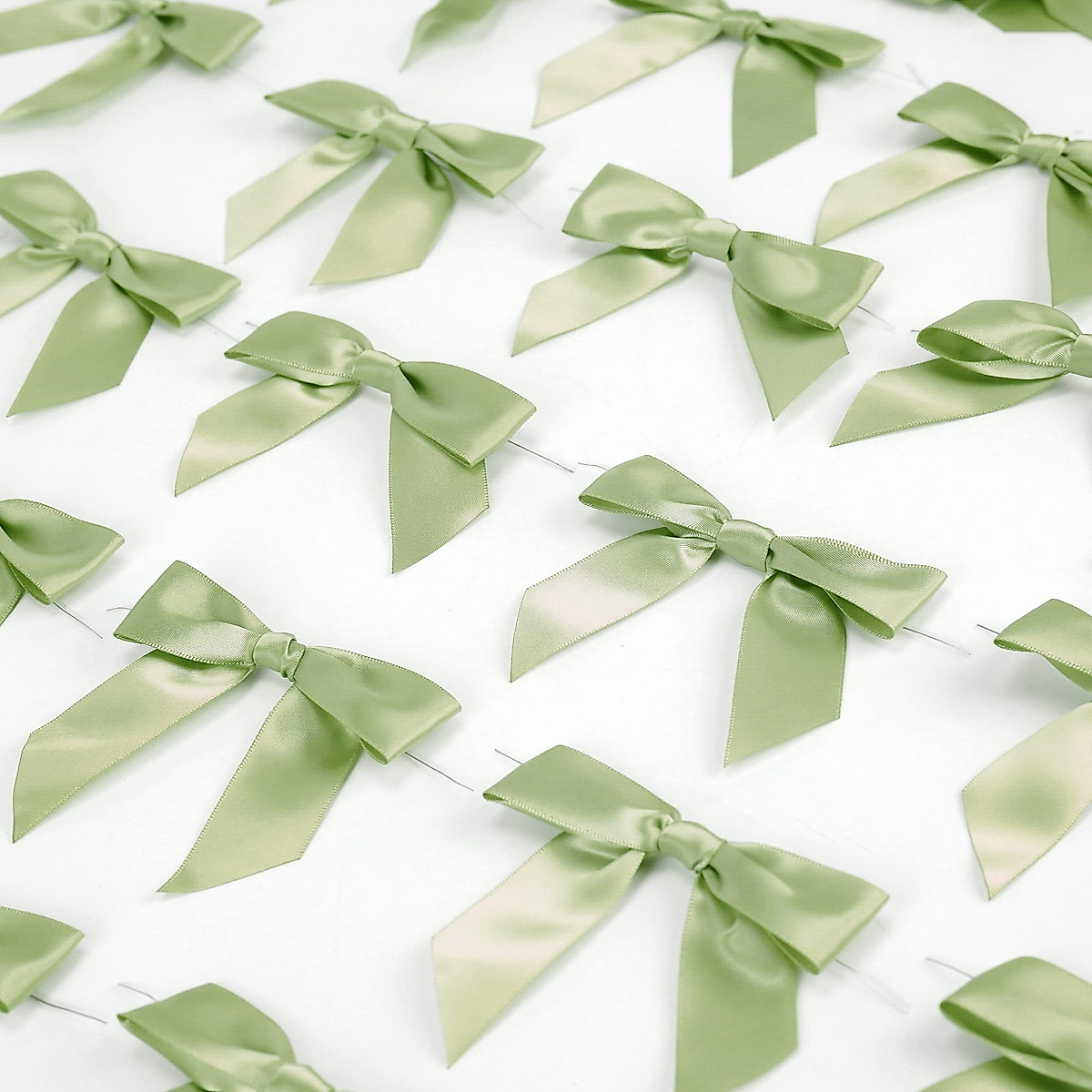 AIMUDI Sage Green Satin Ribbon Twist Tie Bows 3.5" Pretied Bows Premade Bows for Treat Bags Crafts Gift Wrapping Basket Wedding Favors Cookie Candy Bagging Cake Pop Bridal Shower - 50 Counts