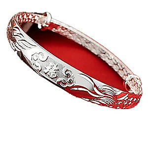 Chinese Style Lucky Silver Bangle Women's 999 Solid Sterling Silver Chinese Dragon Phoenix Carved Adjustable Bangle Bracelet for Women Ladies and Elder Size Adjustable