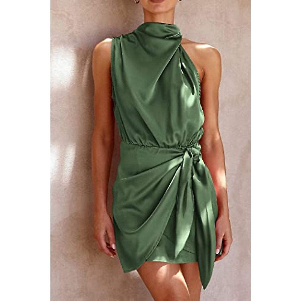 PRETTYGARDEN Women's Short Formal Satin Dress 2023 Summer Sleeveless Mock Neck Tie Waist Cocktail Party Dresses (Army Green,Small)