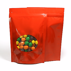 QQ Studio Pack of 100 Glossy Colored Mylar Foil Stand-Up Zip Seal Bags w/Clear Round Window (Glossy Red, 4.0 inches x 6.3 inches)