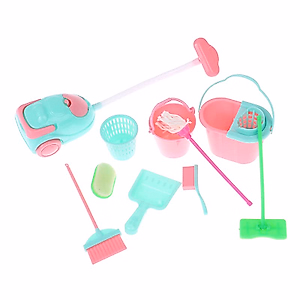10Pcs/Set Dollhouse Furniture Miniature Dollhouse Cleaning Supplies Mini Cleaning Toy - Mop Dustpan Bucket Brush Doll House Accessories