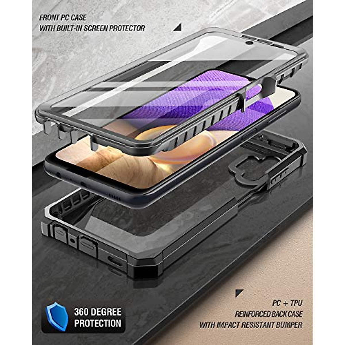 Poetic Guardian Series Case Designed for Samsung Galaxy A32 5G, Full-Body Hybrid Shockproof Bumper Clear Protective Cover Case, Built-in Screen Protector, Black/Clear