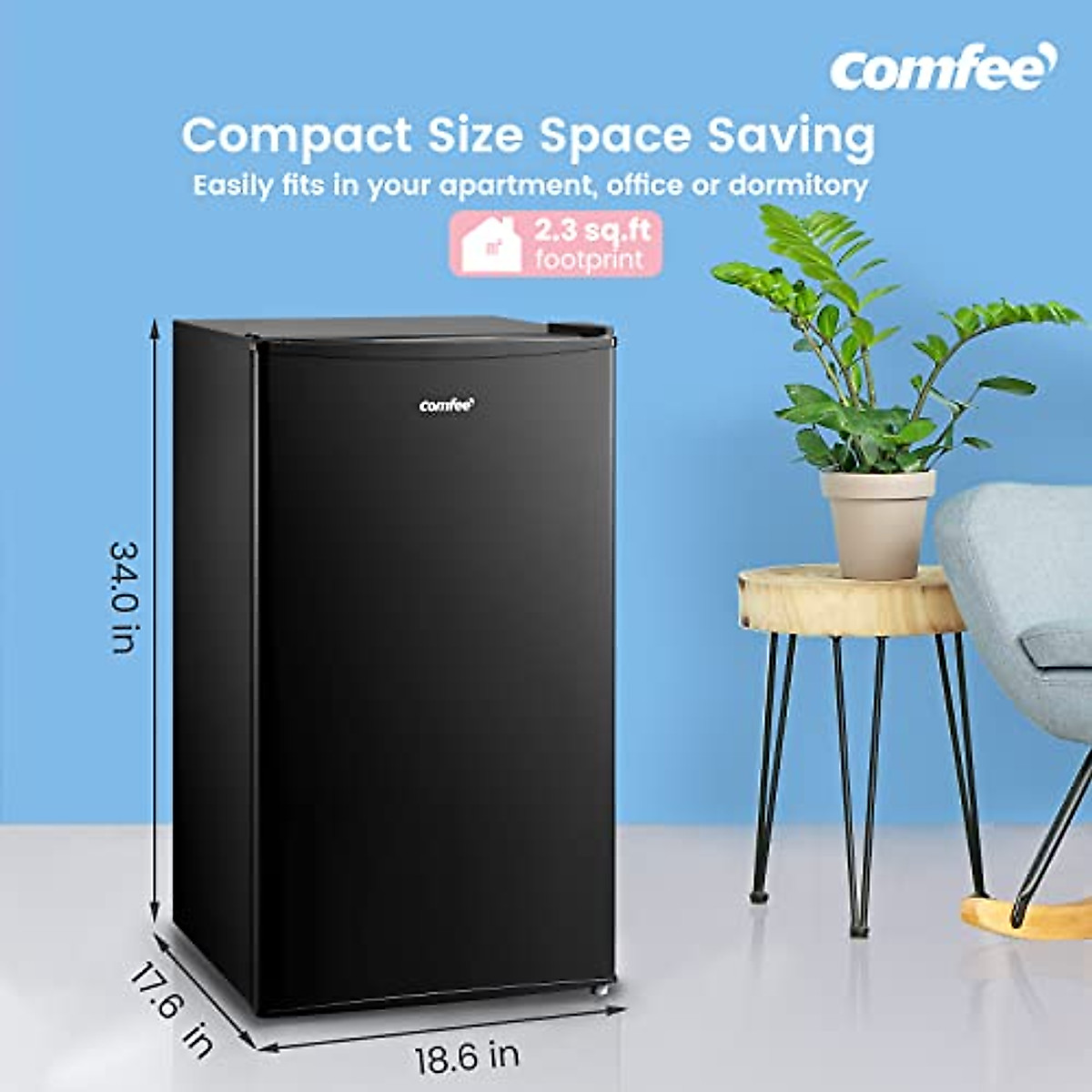 COMFEE' CRM33S3ABB 3.3 CuFt mini fridge Singel Door small Fridge for Bedroom Office Garage Studio Dorm, mini Refrigerator Black