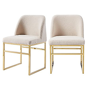 Cozy Castle Sherpa Accent Chairs Set of 2, Upholstered Living Room Side Chairs with Gold Metal Base, Fuzzy Comfy Kitchen Chairs, Beige