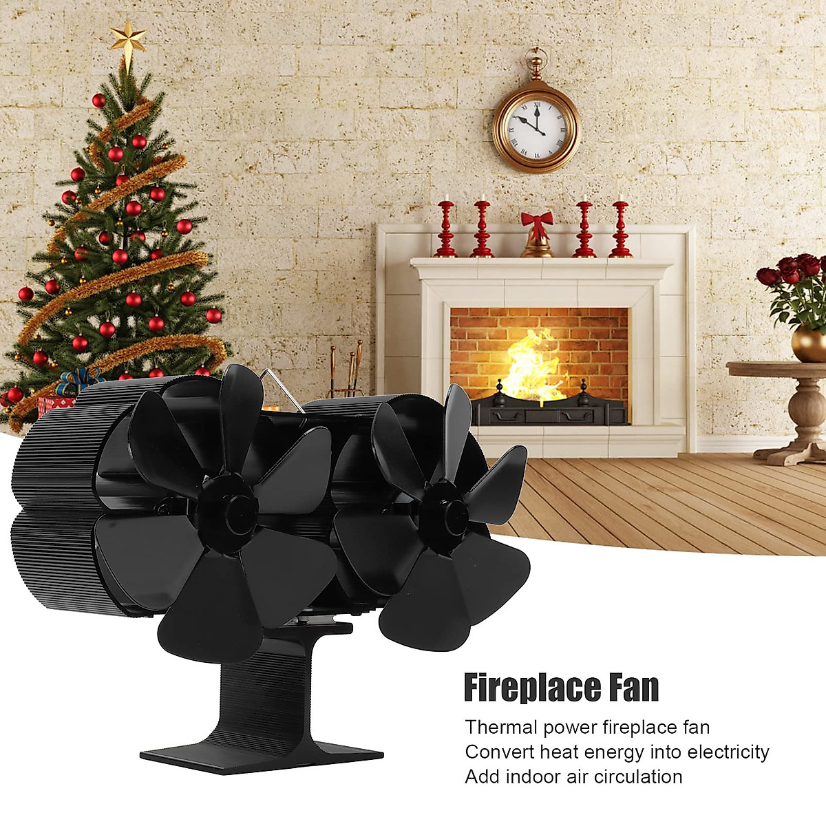 Topyond Wood Stove Fan, Dual Heads Powered Fireplace Fan with 6 Blades, Silent Operation, Heat Powered Stove Fan for Wood Burner and Log Fireplace