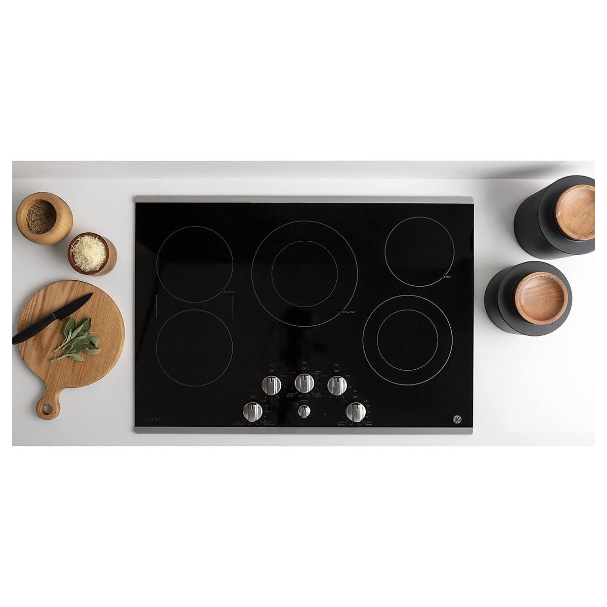 GE PP7030DJBB 30 Inch Electric Cooktop with 5 Radiant, Bridge SyncBurners, 9/6 Inch Power Boil Element, Keep Warm Setting, Red LED Backlit Knobs, ADA Compliant Fits Guarantee