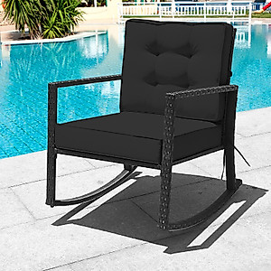 Tangkula Wicker Rocking Chair, Outdoor Glider Rattan Rocker Chair with Heavy-Duty Steel Frame, Patio Wicker Furniture Seat with 5” Thick Cushion for Garden, Porch, Backyard, Poolside (1, Black)