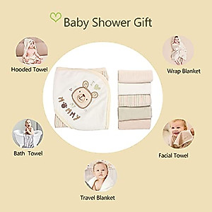 Smluckyg 6 Pack Baby Hooded Towel and Washcloths Set, Premium Ultra Soft Reusable Organic Cotton Baby Bath Towel for Infant and Toddler, Unisex Babies' Gifts (30x30 Inch, Multicolor-D)
