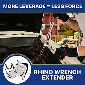 Rhino Wrench Extender Tool Bar - Extra-Long 15 Inch Wrench Extension for Maximum Leverage - Torque Multiplier with Non-Slip Gloves and Garage Hook - Solid Steel Tools for Mechanics and DIYers