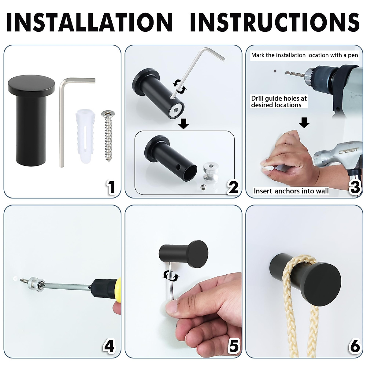 SAYAYO Modern Black Coat Hooks Wall Mounted, Towel Hooks for Bathrooms Robe Hooks, Heavy Duty Wall Hooks for Hanging, SUS 304 Stainless Steel 4 Packs