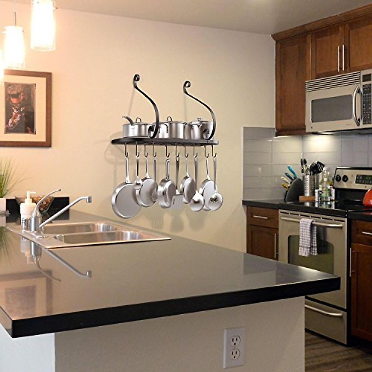 Vdomus Wall Mounted Pot and Pan Rack for Kitchen, Cookware Hanging rack with 10 Hooks Included, Hanging Pan Organizer, Black