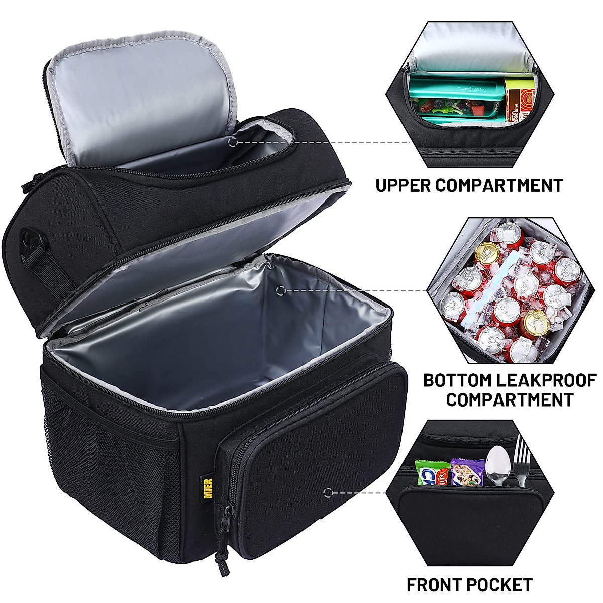 MIER Mens Insulated Lunch Box, Dual Compartment Large Lunch Bag Coolers with Shoulder Strap for Men Women Adult to Office Work, Picnic, Travel, Outdoors, Black