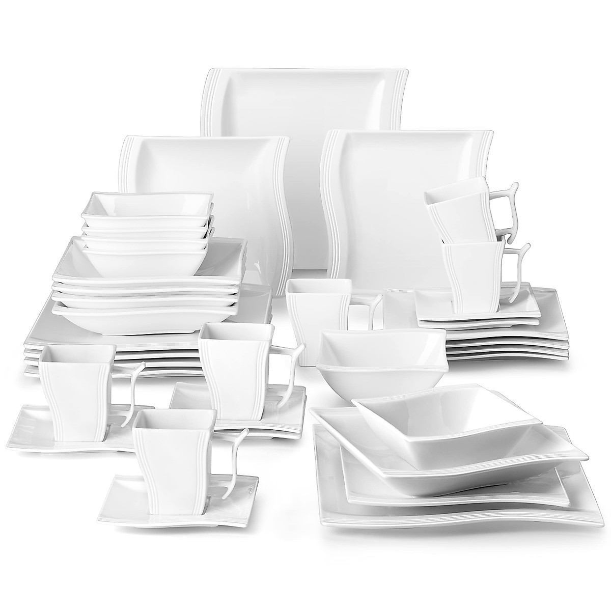 MALACASA Plates and Bowls Sets, 36-Piece Ivory White Square Dinnerware Sets for 6, Porcelain Kitchen Plate Bowl Set, Dishes, Cup and Saucer Set, Modern Dinnerware Set, Series Flora